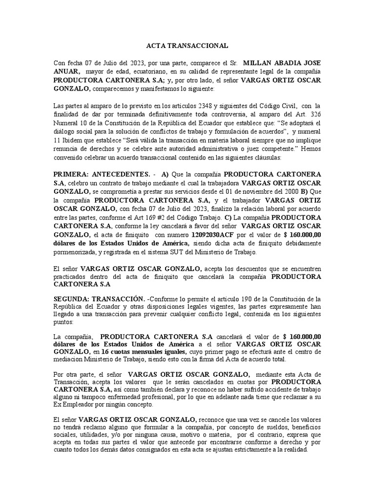 Formato Acta Transaccional | PDF | Sentencia (ley) | Res Judicata