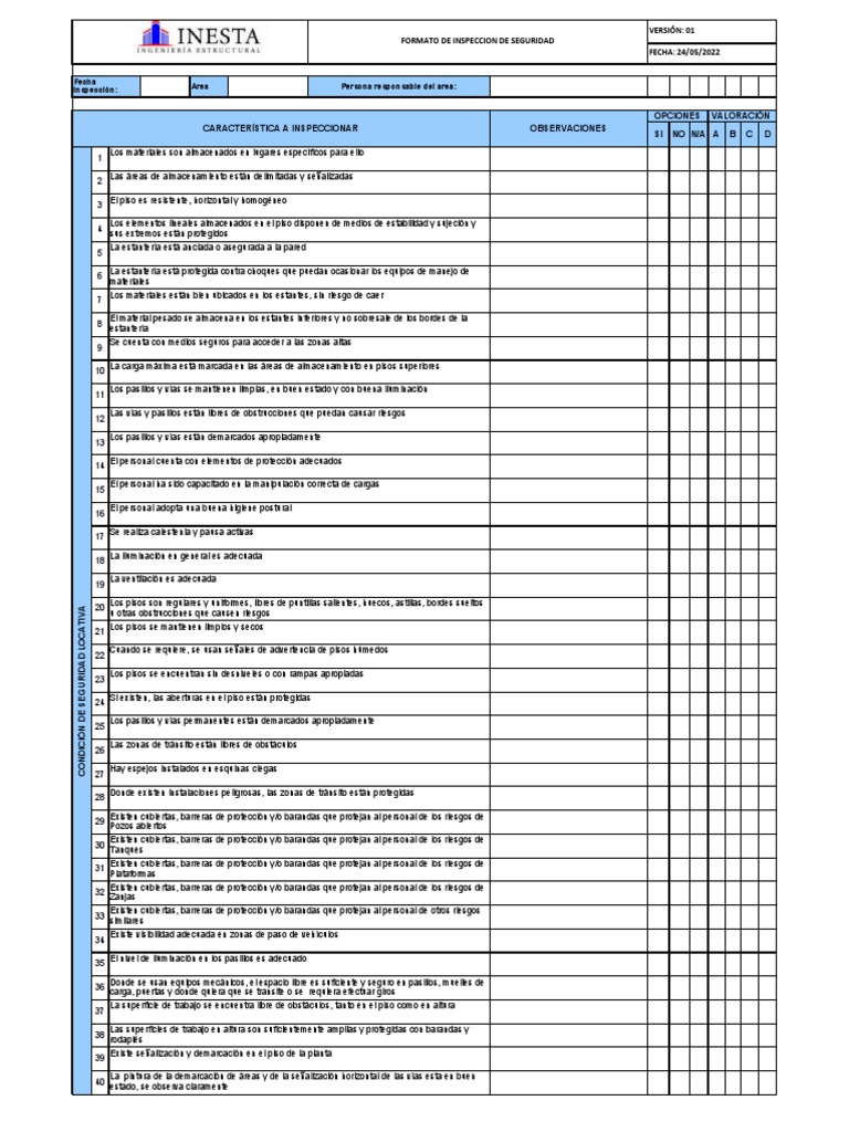 Formato Inspecciones de Seguridad | PDF Formato Inspecciones de Seguridad | PDF