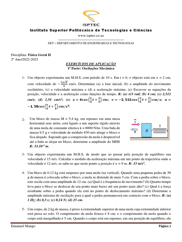 Lista de Exercício Física Geral II 2022 - 2023 | PDF | Ondas | Capacitor