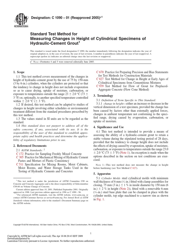 Astm c1090 | PDF | Concrete | Cement