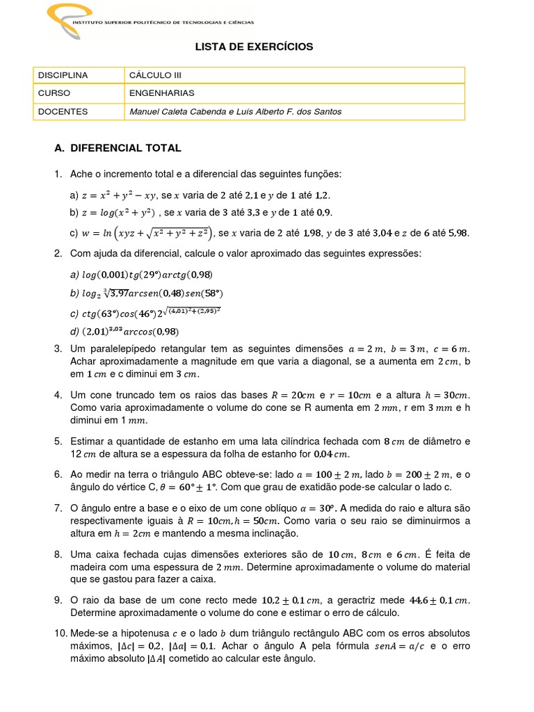 Lista de Exercicios 01 - Diferencial Total | PDF | Triângulo | Curva