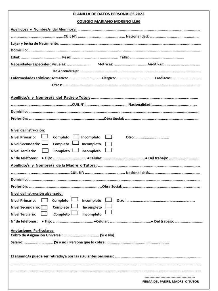 Planilla de Datos Personales 2023 | PDF