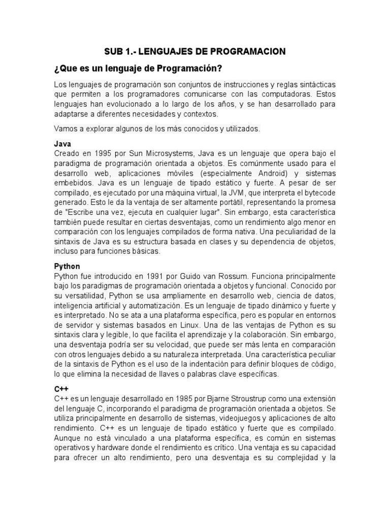 Comparativa de Lenguajes de Programación | PDF | Lenguaje de programación | Java (lenguaje de ...