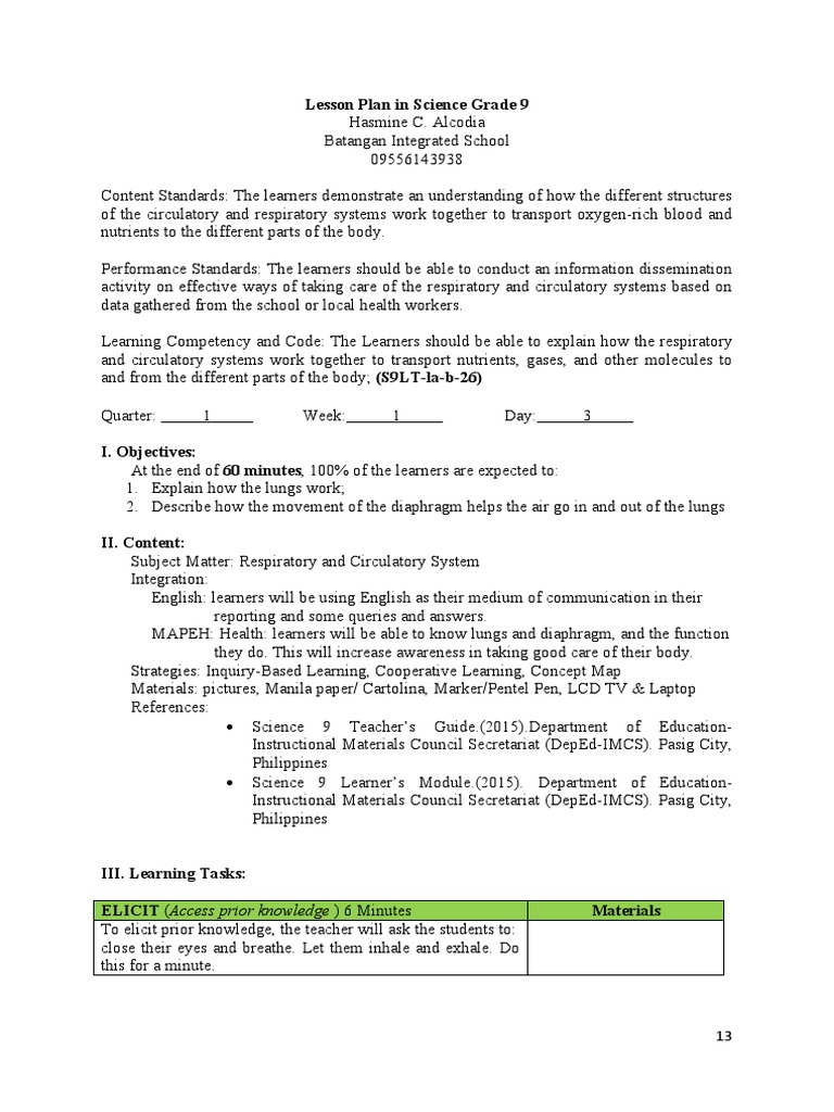 Science 9 DLP Q1 W1 D3 | PDF | Breathing | Lung