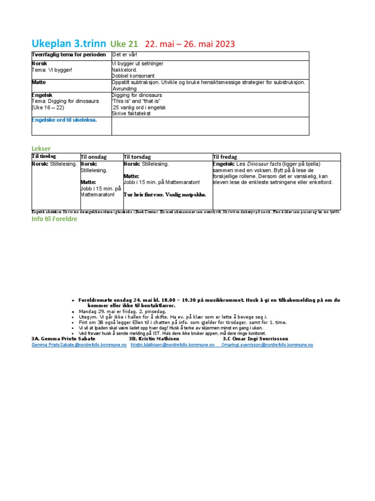 Ukeplan Uke 21 | PDF