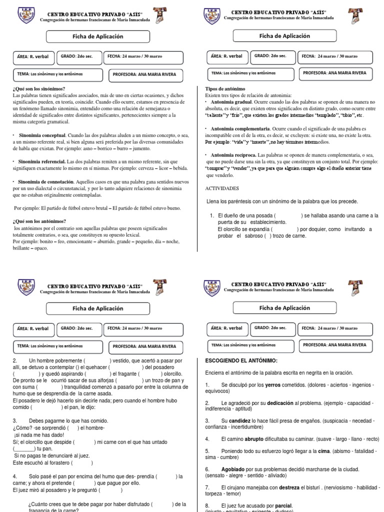 Los Sinonimos y Los Antonimos 2do Sec. | PDF | Gramática | Lingüística