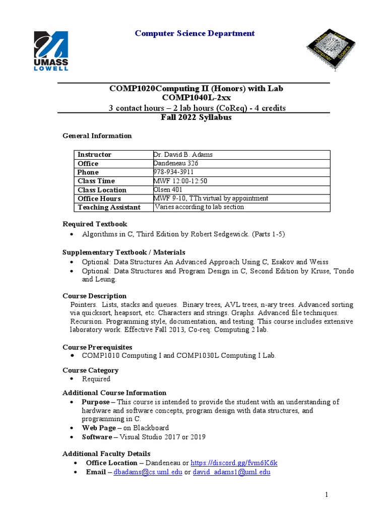 ABET Syllabus Template COMP1020 (Honors) Adams Fall 2022 | PDF ...