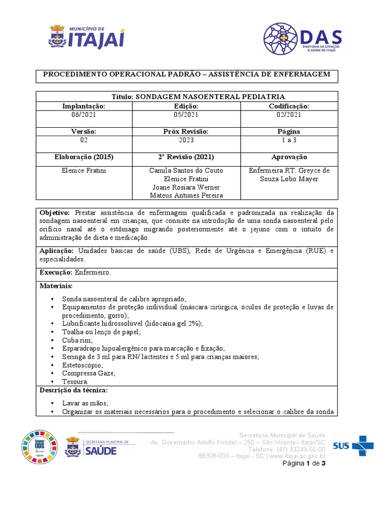 Pop 002 Sondagem Nasoenteral Pediátrico | PDF | Enfermagem | Medicina ...