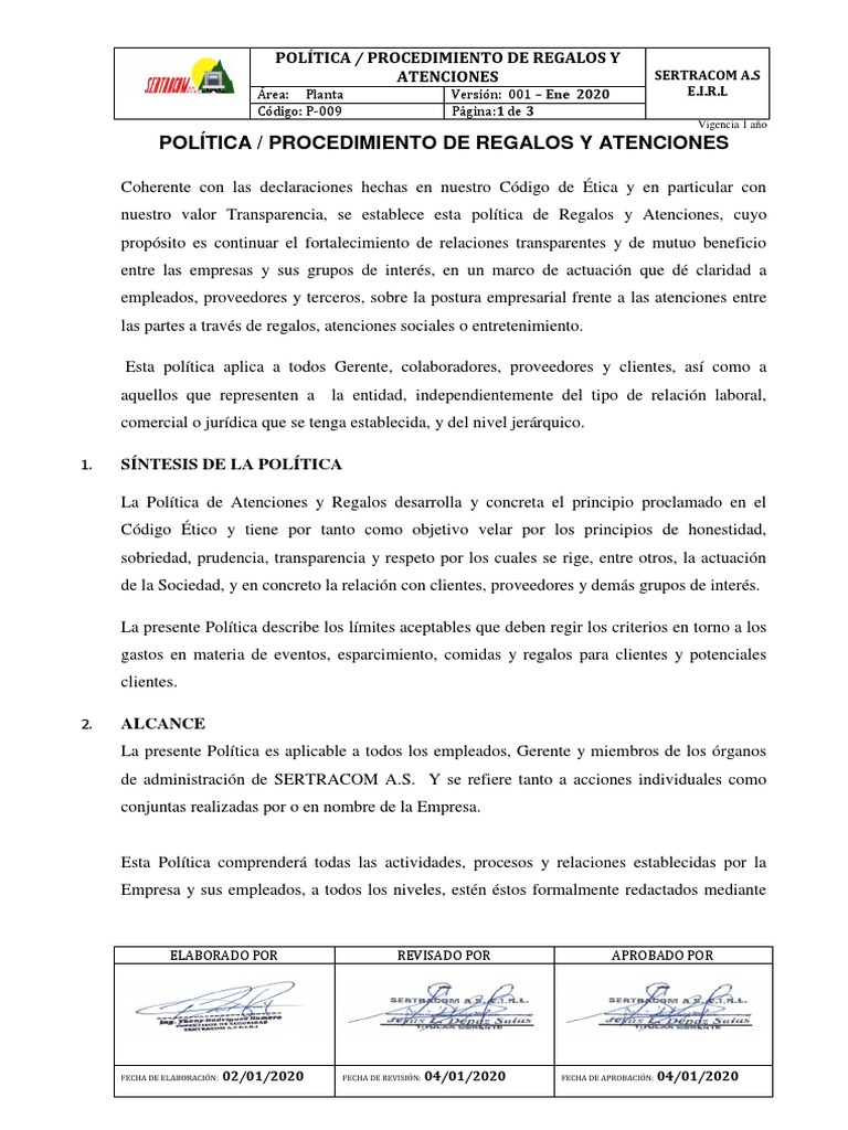 Politica de Regalos y Atenciones SERTRACOM | PDF | Business