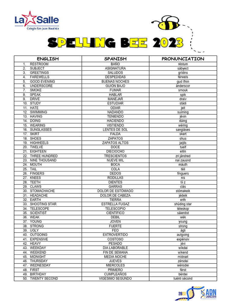 Spelling Bee Vocabulary 5to | PDF | Cuerpos del sistema solar