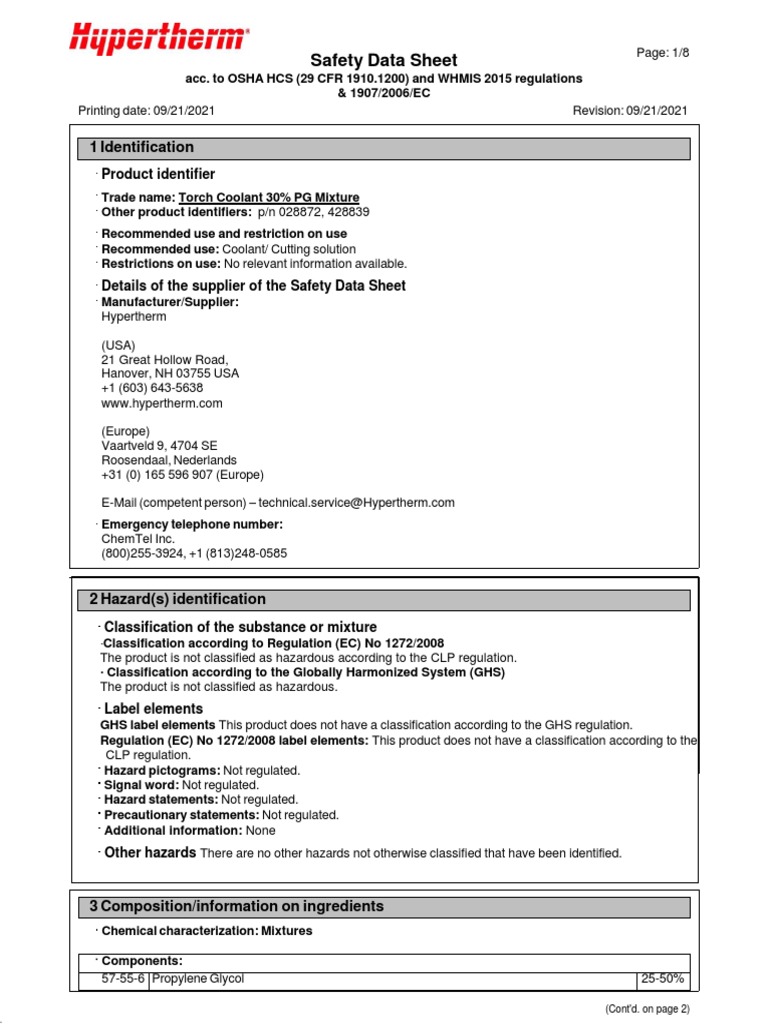 Hypertherm 30 PG Torch Coolant Additive MSDS P N 028872 428839 - EN ...