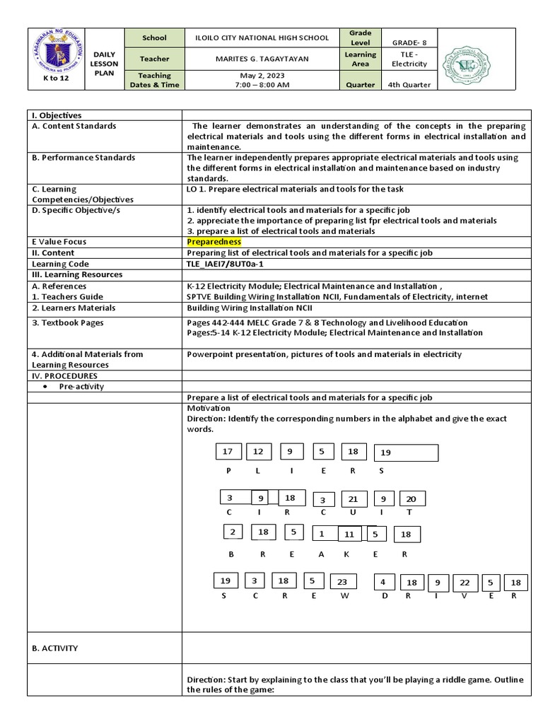 Lesson Plan For COT Electrical Tools | PDF | Learning | Incandescent ...