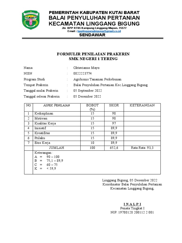 Formulir Penilaian Prakerin | PDF