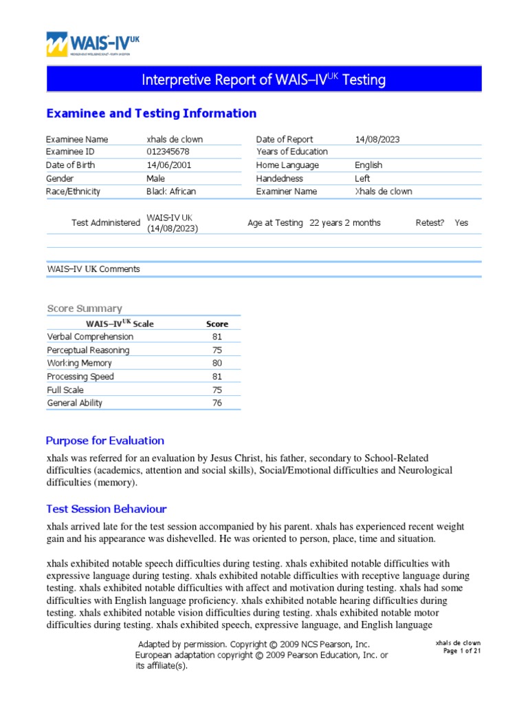 WAIS IV Results | PDF | Wechsler Adult Intelligence Scale | Behavioural Sciences
