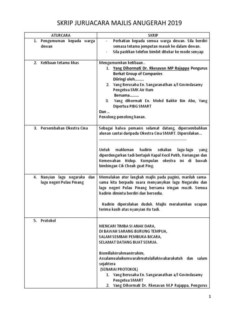 Skrip Juruacara Majlis Anugerah 2019 | PDF