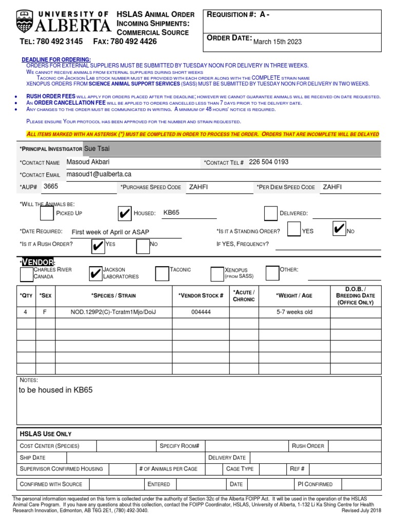 Sue Tsai 15 March 2023 Animal Order Incoming Form | PDF