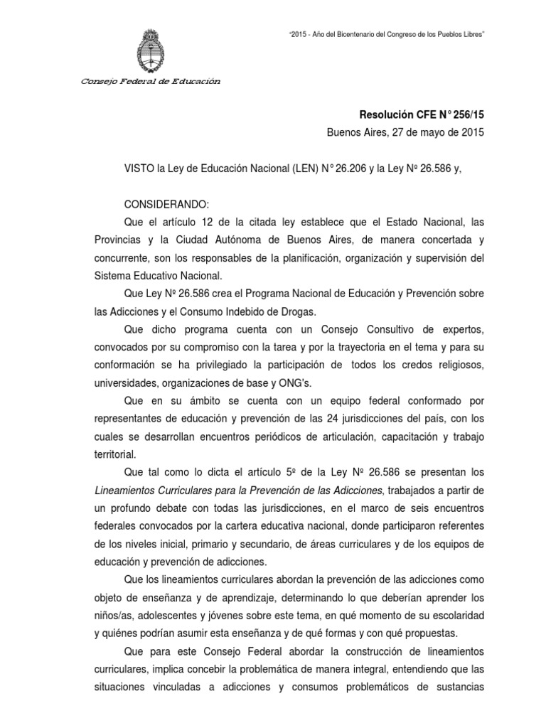 Resolucion 256-15 (CFE - Adicciones) | PDF