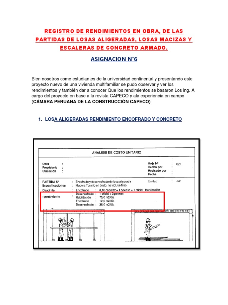 Rendimiento Losa Aligerada y Gradas Asignacion N°06 | PDF | Tecnología