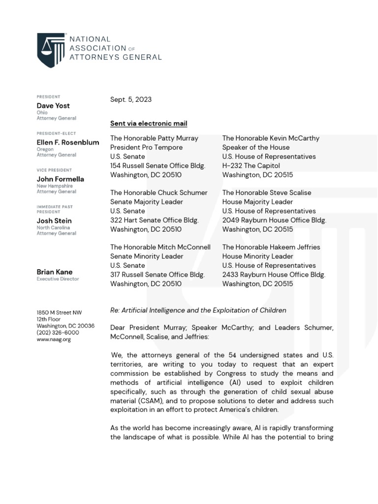 54 State AGs Urge Study of AI and Harmful Impacts On Children | PDF | Child Pornography ...