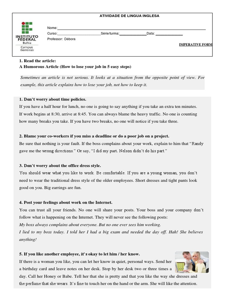 Cópia de Atividade de Língua Inglesa - Imperative Form | PDF | Career & Growth | Self-Improvement