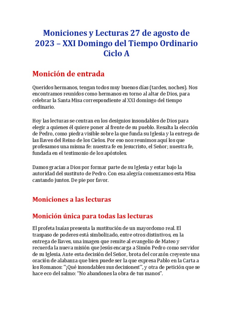 Moniciones y Lecturas 27 de Agosto de 2023 | PDF | Misa (liturgia) | San Pedro