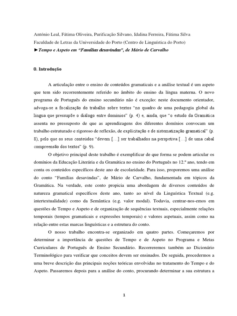 Tempo e Aspeto em "Famílias Desavindas", de Mário de Carvalho | PDF ...
