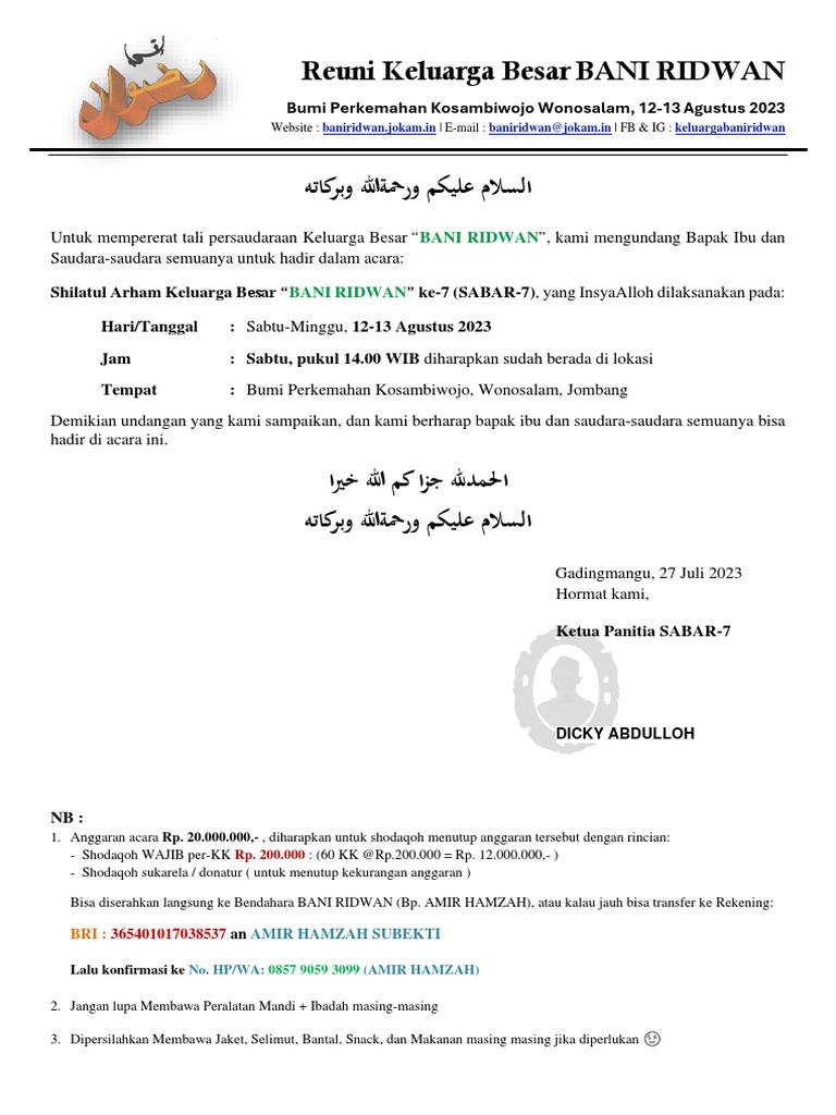 Surat Undangan Acara Reuni Bani Ridwan - 2023 | PDF
