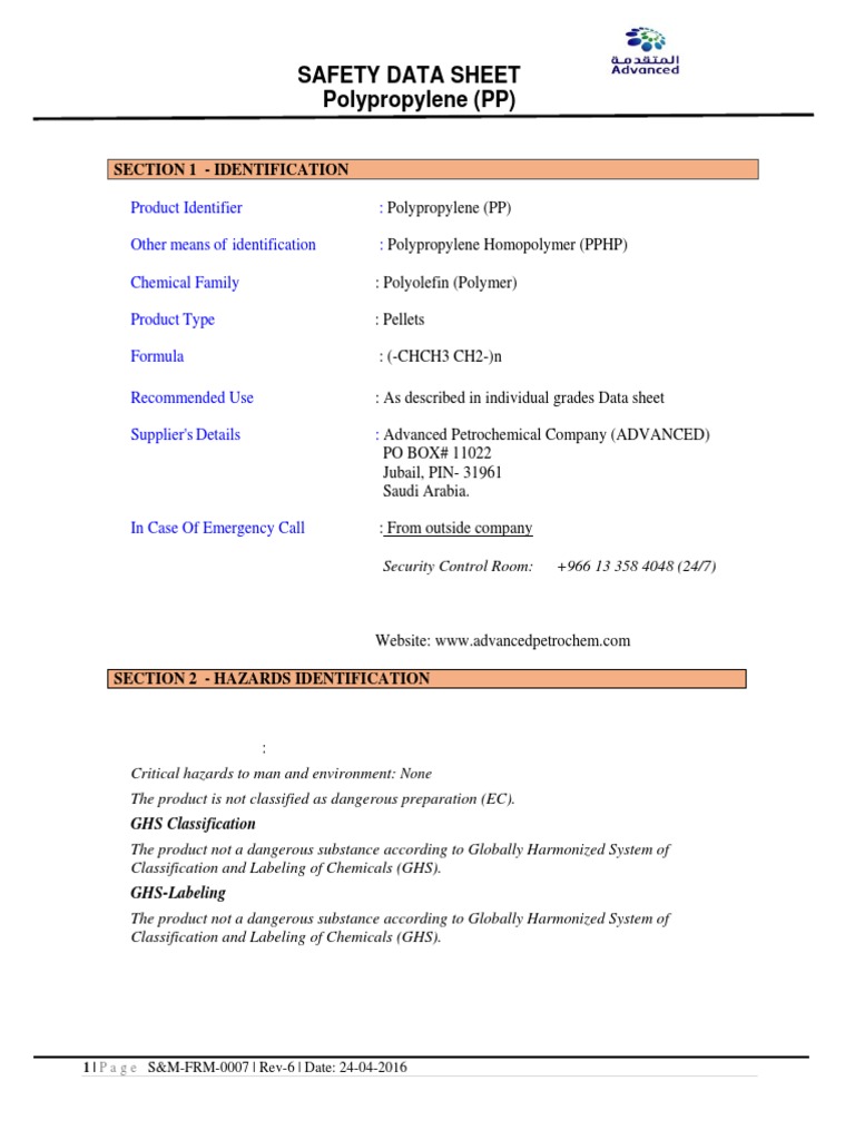 MSDS Advanced-PP Homopolymer Updated April 2016 | PDF | Dangerous Goods ...
