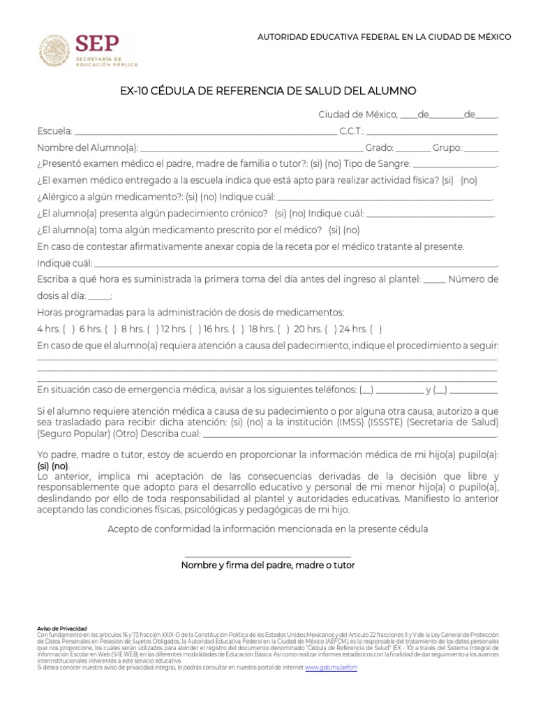 Ex-10 Cédula de Referencia de Salud Del Alumno: Autoridad Educativa Federal en La Ciudad de ...