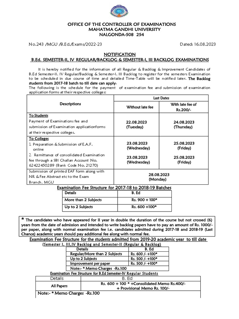 B.ed Semester II, IV Regular & Backlog & Semester-I, III Backlog Fee Notification August-2023 | PDF