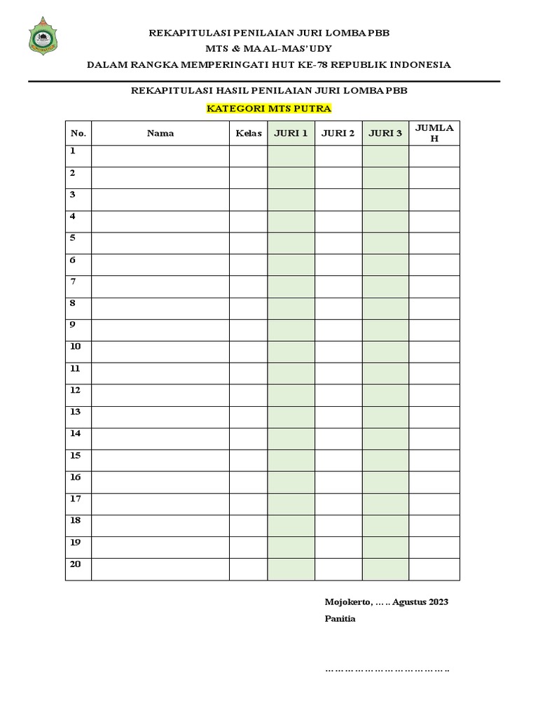 Rekap Penilaian Lomba PBB 2023 | PDF