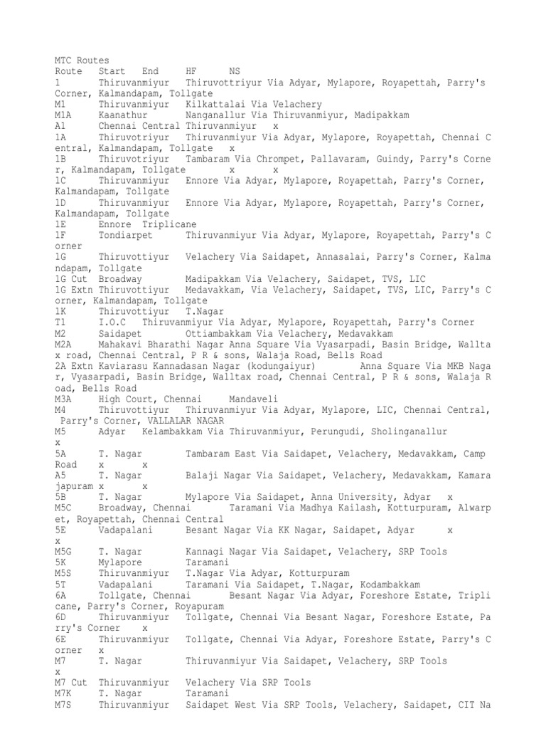 Chennai Bus Routes | PDF