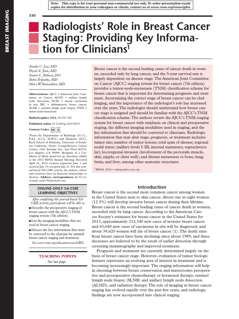 RG Radiologists' Role in Breast Cancer Staging | Download Free PDF | Metastasis | Breast Cancer