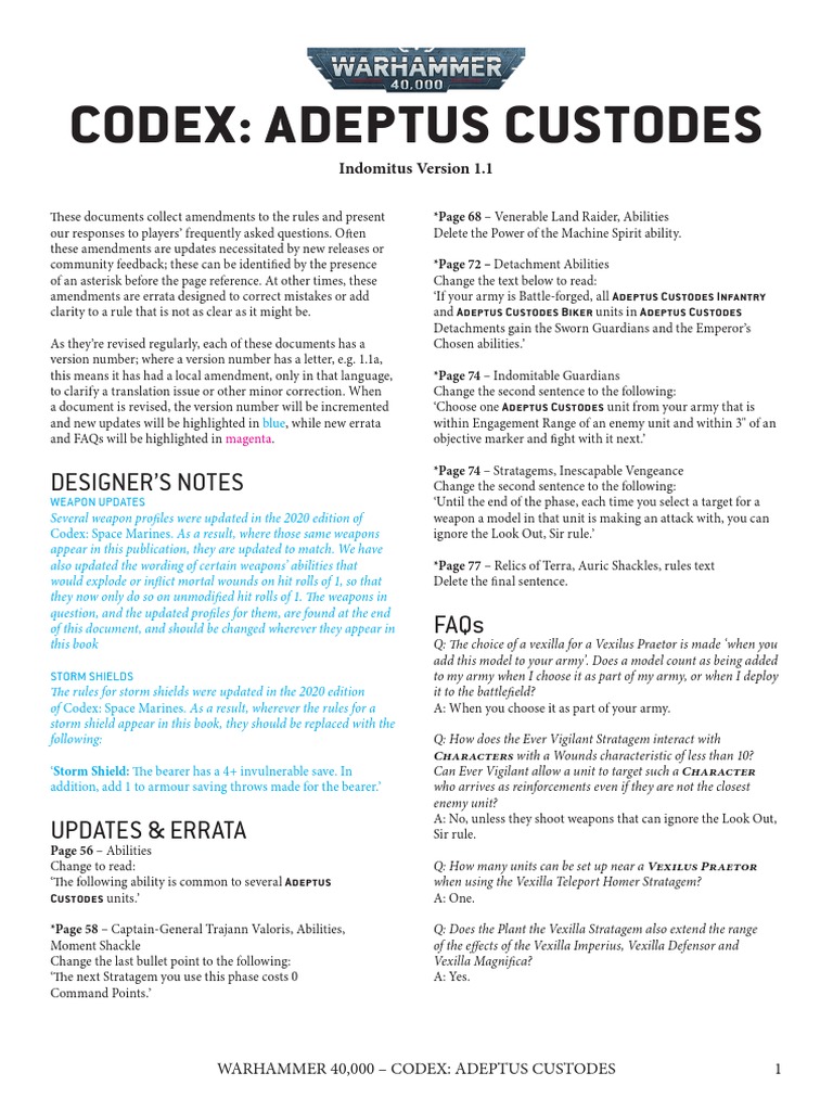 Codex: Adeptus Custodes Updates | PDF | Warfare | Military