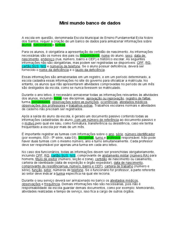 Mini Mundo Banco de Dados | PDF