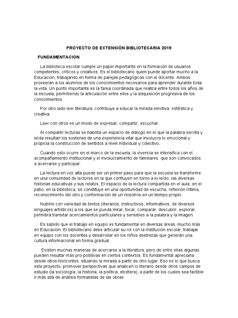 Proyecto de Extensión Bibliotecaria | PDF | Biblioteca escolar ...