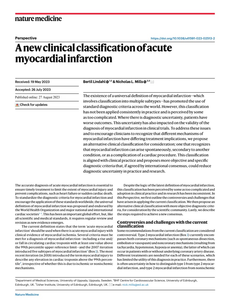 A New Clinical Classification Of Acute Myocardial Infarction Pdf Myocardial Infarction