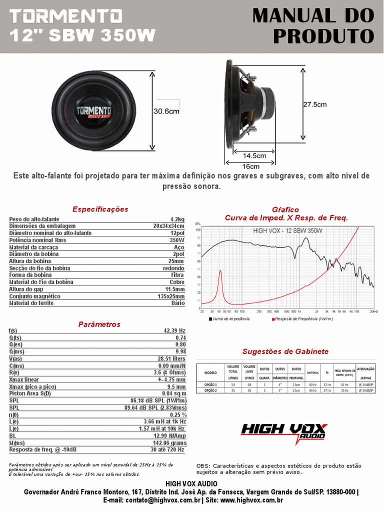 Manual Tormento SBW 350w 12pol | PDF | Indutor | Tecnologia de som