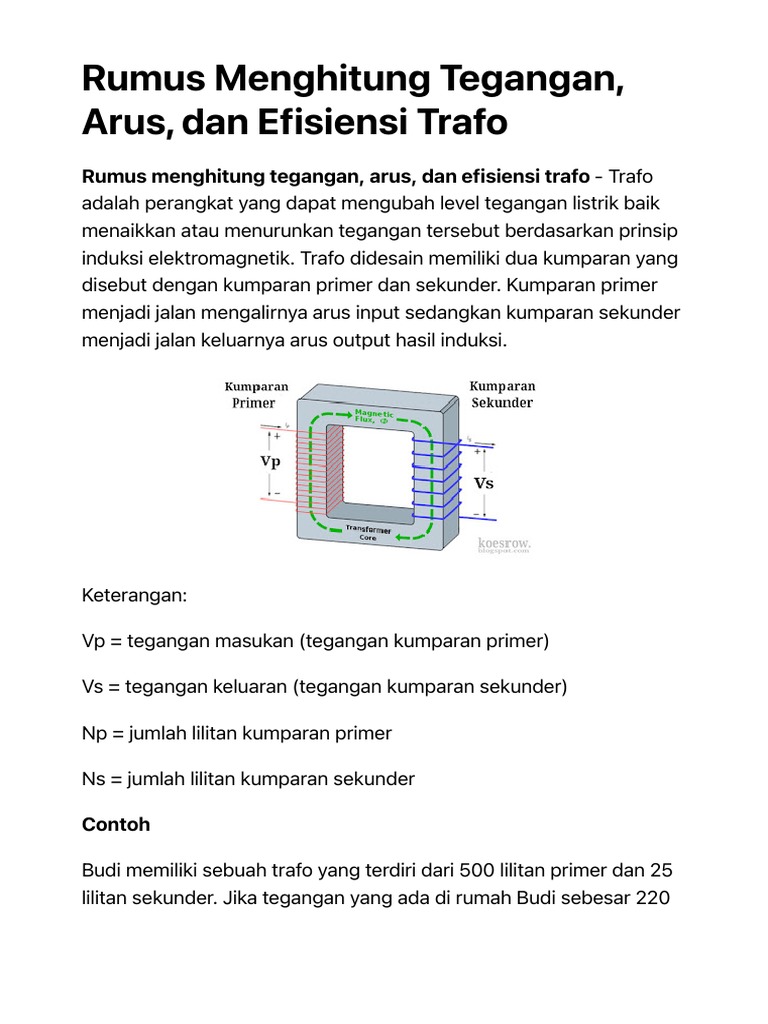 Rumus Menghitung Tegangan, Arus, Dan Efisiensi Trafo - Koesrow | PDF