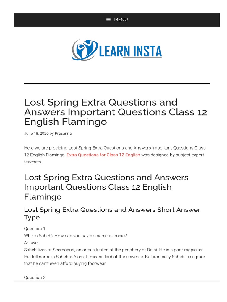 Lost Spring Class 12 Extra Questions | PDF