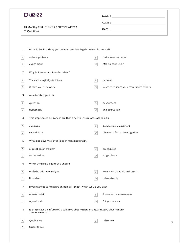 Science 7 Monthly Test: First Quarter | PDF | Experiment | Observation