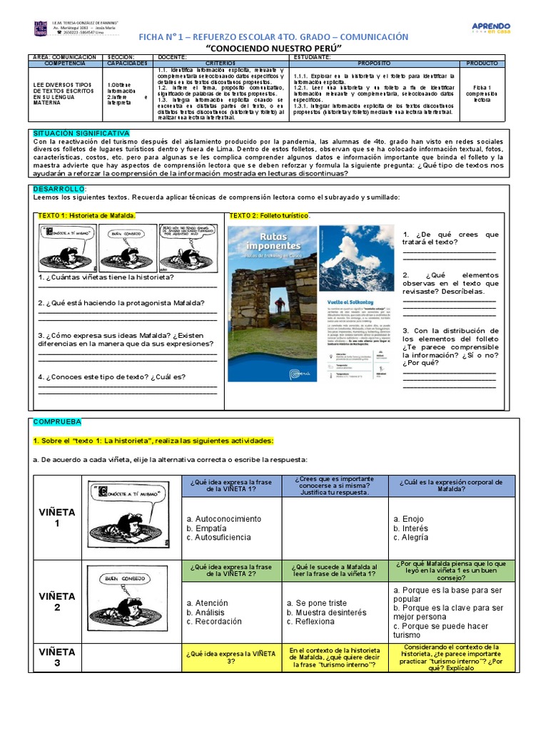 Ficha 1 Refuerzo Escolar Comunicación 3ro de Secundaria | PDF | Comprensión lectora | Información