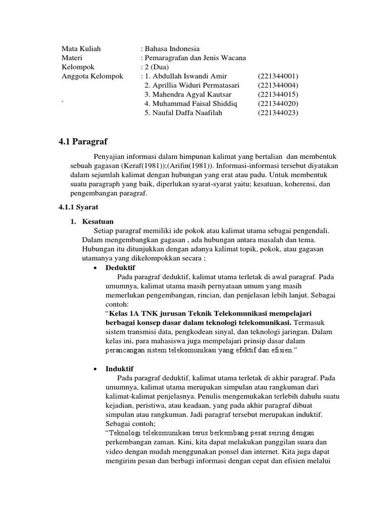 Kelompok 2 - Pemaragrafan Dan Jenis Wacana - 1A-TNK | PDF
