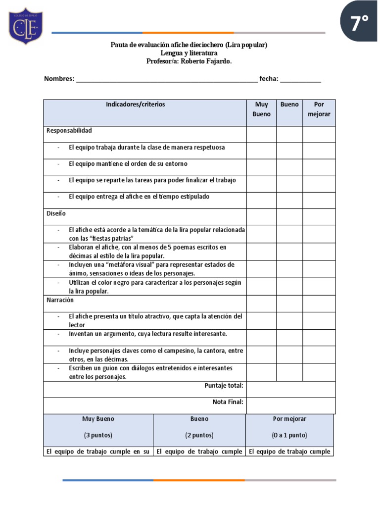 Pauta de Evaluación 7° Básico. | PDF