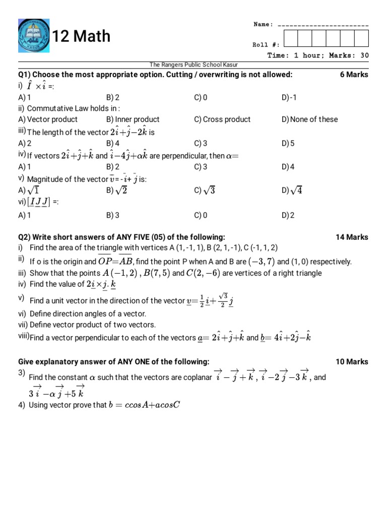 Vector Math Assessment for Class 6 | PDF | Euclidean Vector | Triangle