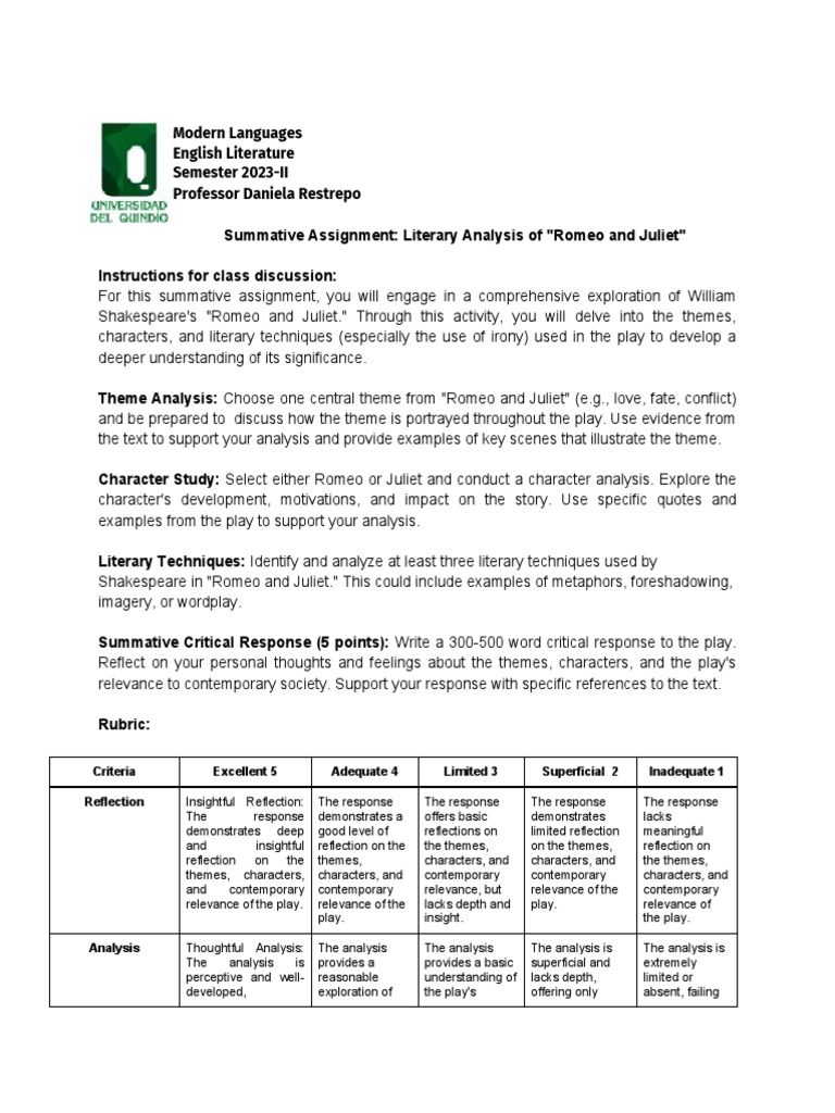 Summative Assignment Literary Analysis of Romeo and Juliet | PDF ...