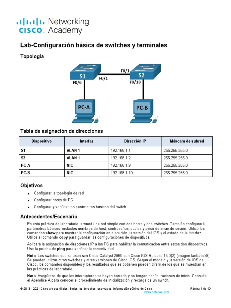 2.9.2 Lab - Basic Switch and End Device Configuration Terminado | PDF | Dirección IP ...