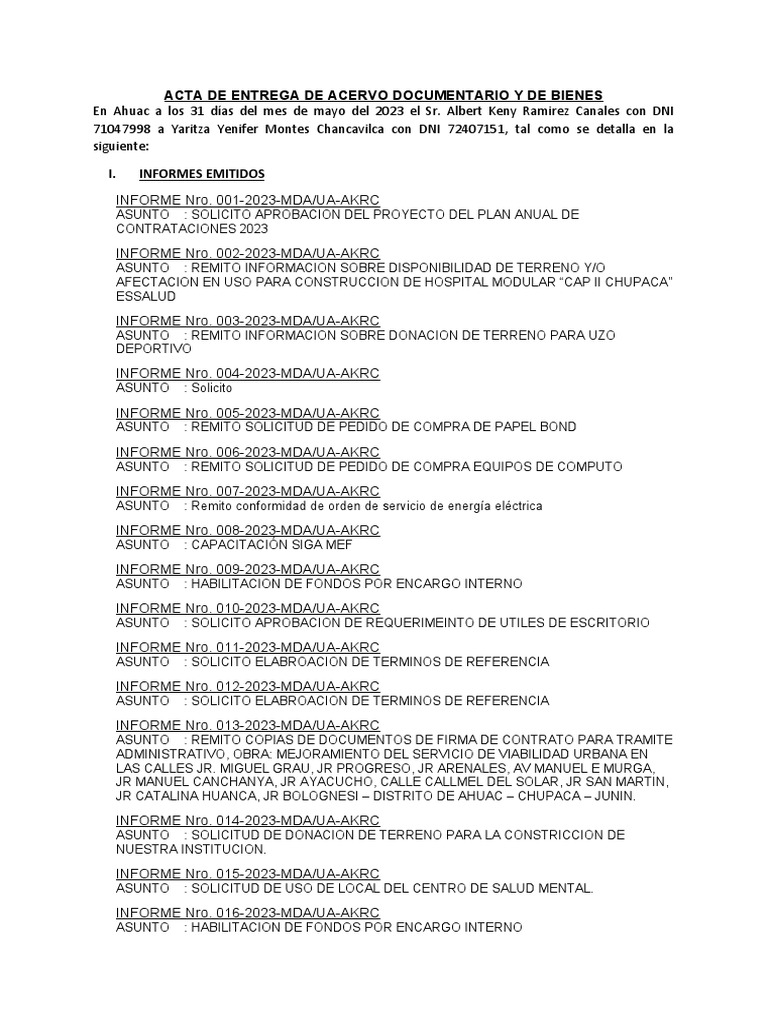 Acta de Entrega de Acervo Documentario y de Bienes | PDF