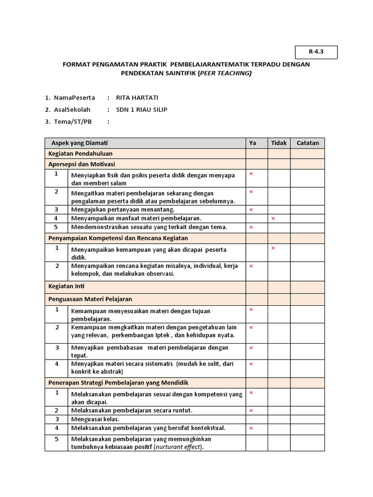 Format Pengamatan Praktik Pembelajarantematik Terpadu Dengan Pendekatan ...