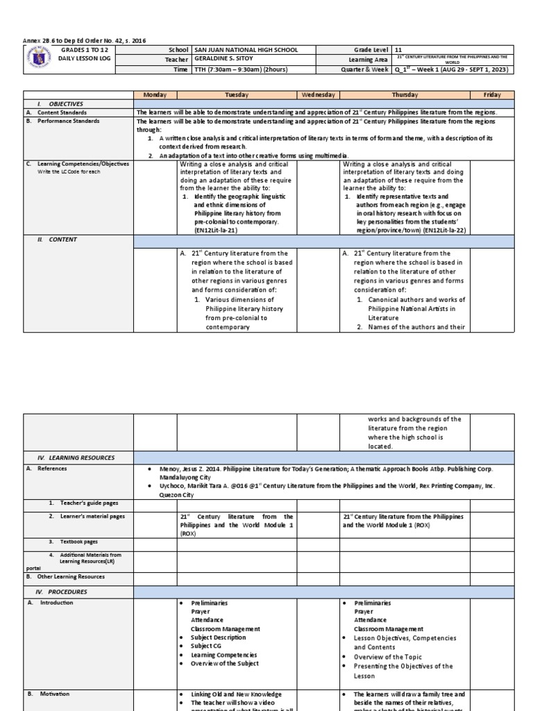 Week 1: 21st Century Literature Plan | PDF | Learning | Philippines